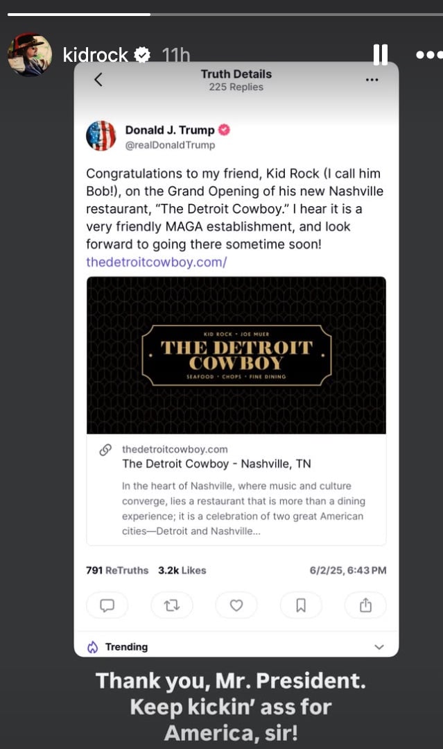 President Trump Congratulates Kid Rock On Grand Opening Of New Restaurant